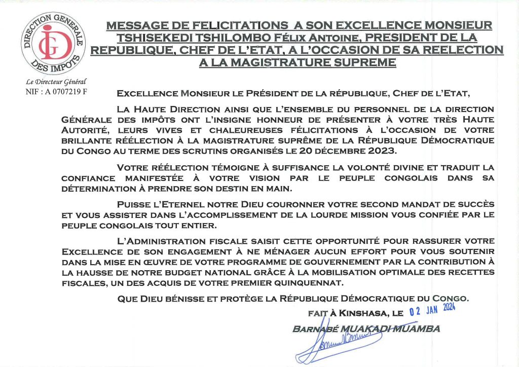 Dgi Message De Félicitations à S E M Félix Tshisekedi Président De